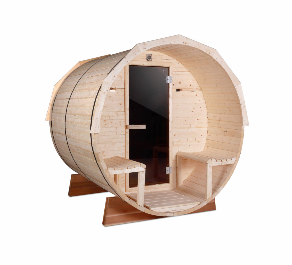 White Spruce Barrel Sauna w/ Porch 4 Person - Shym Saunas