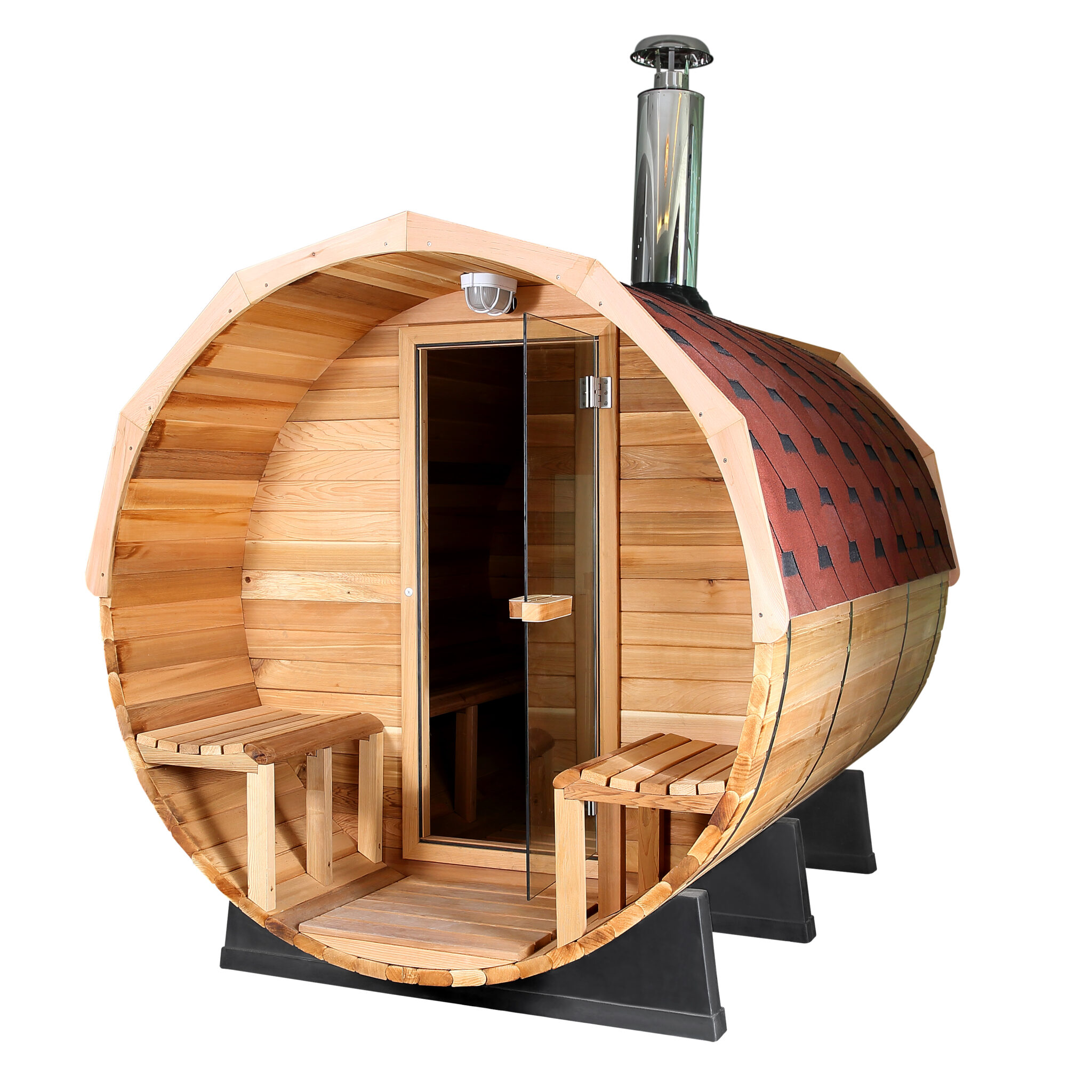 Western Red Cedar Barrel Sauna w/ Porch 4 Person - Shym Saunas