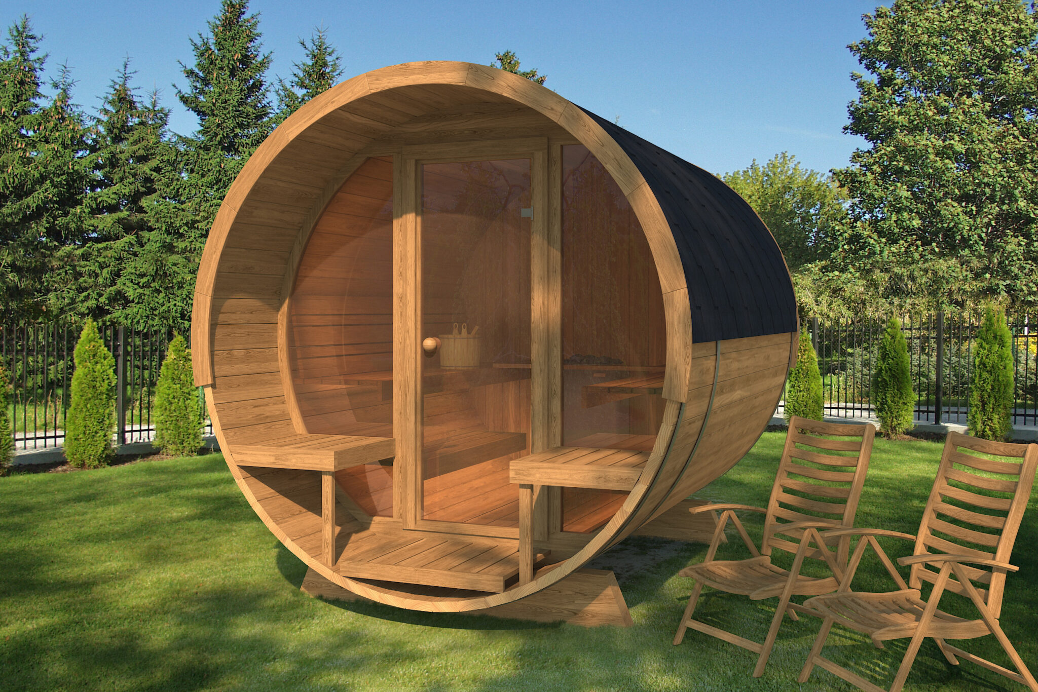 Outdoor Thermo Spruce Barrel Sauna SUMMIT (2 - 6 Person) EURO - Shym Saunas
