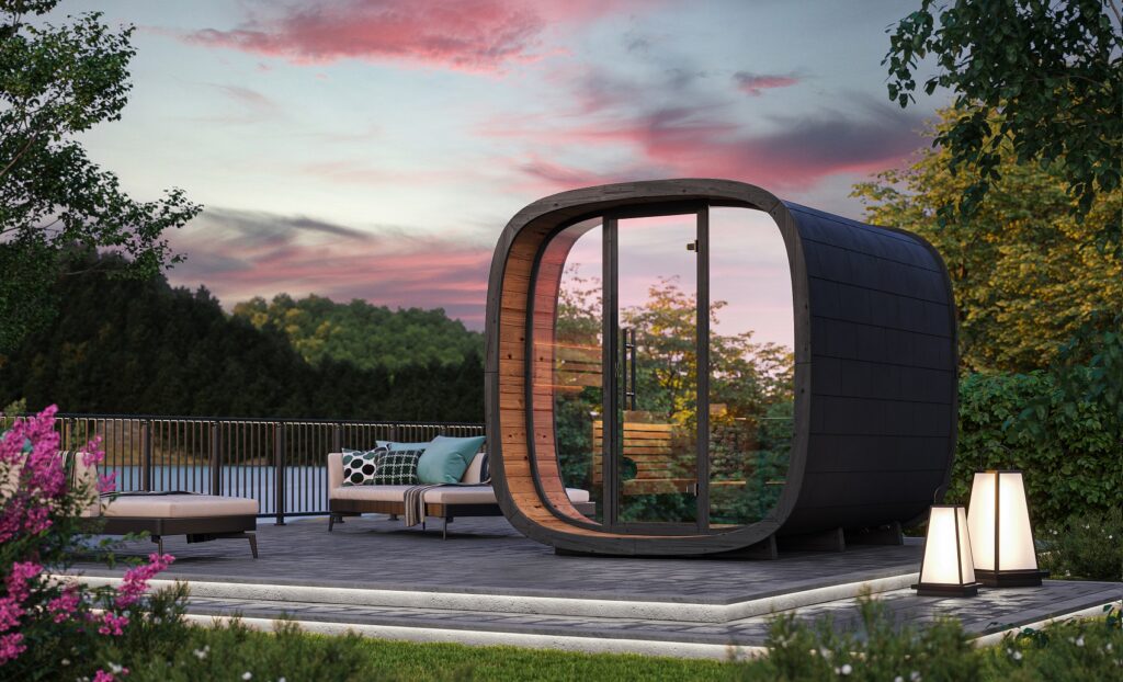 Outdoor Spruce CUBE Log Sauna (4 - 10 Person) - Shym Saunas