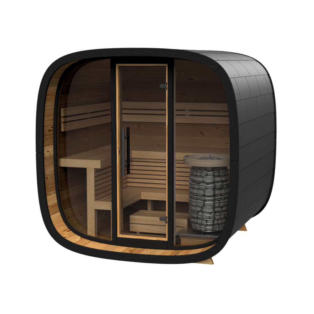 Outdoor Spruce CUBE Log Sauna (4 - 10 Person) - Shym Saunas